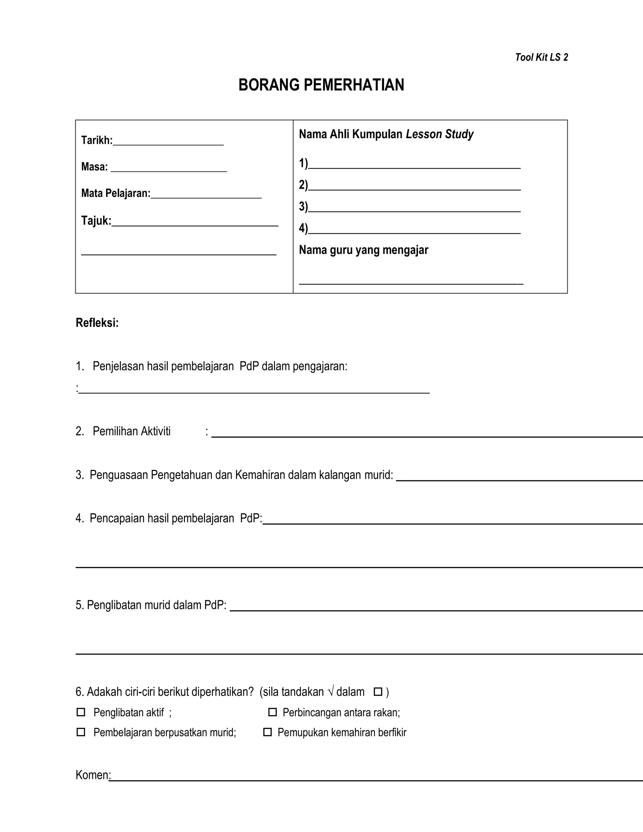 Lesson Study : Tool Kit 2 (Borang Pemerhatian) | PDF