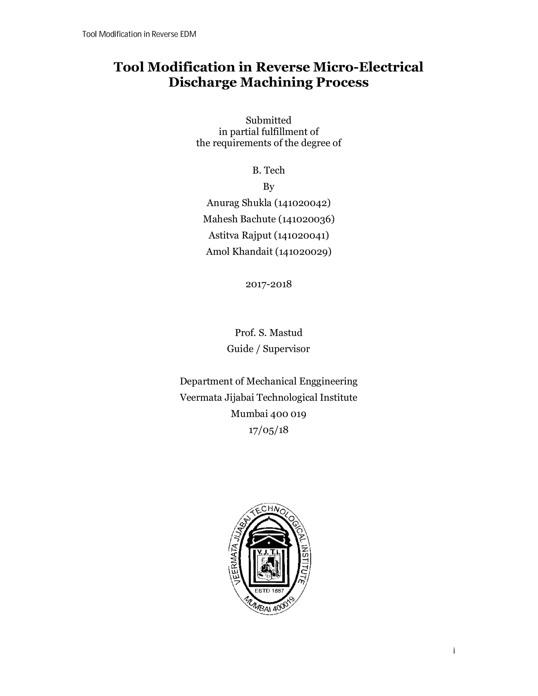 Tool modification in reverse micro electrical | PDF