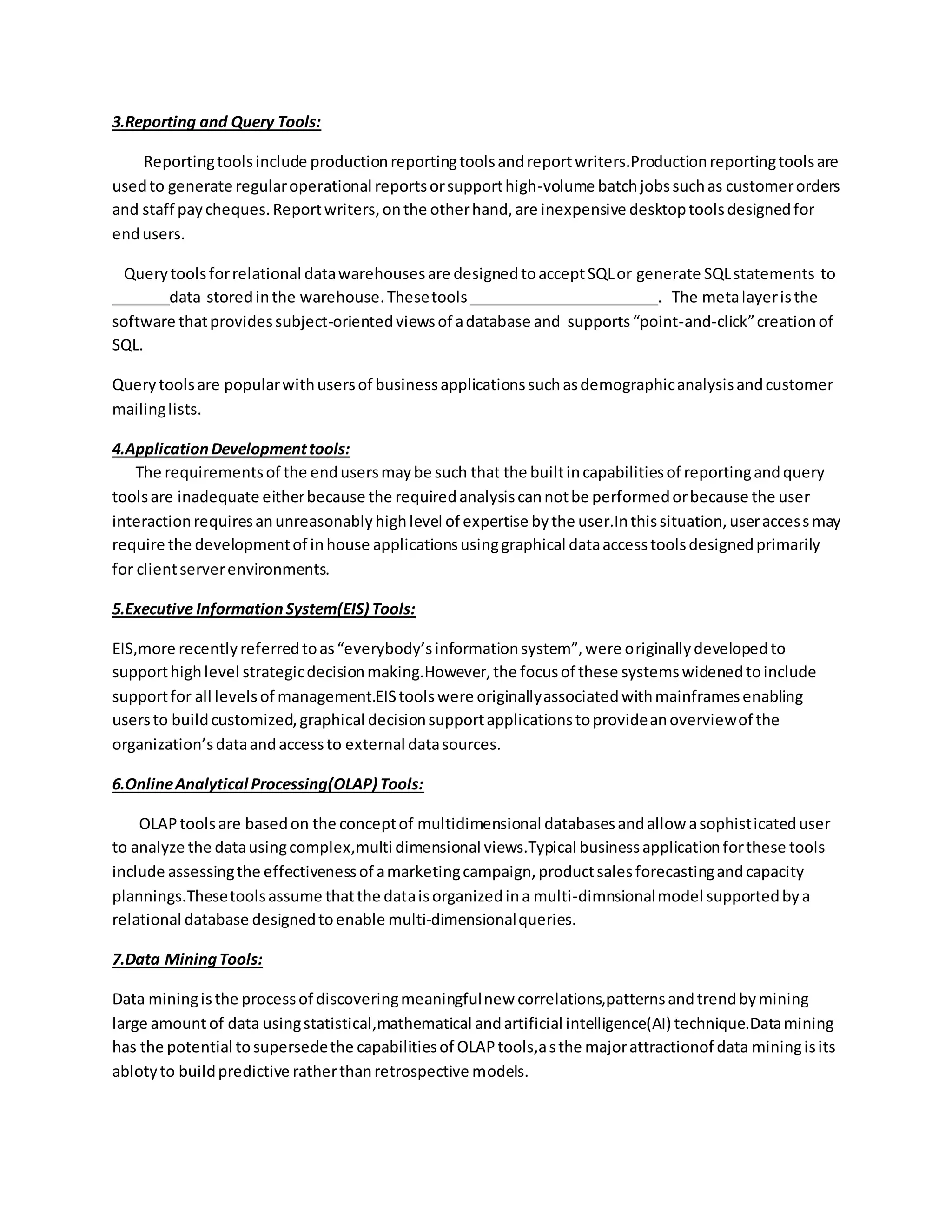 Tools For Data Warehousing Docx Databases Computer Software And 2995