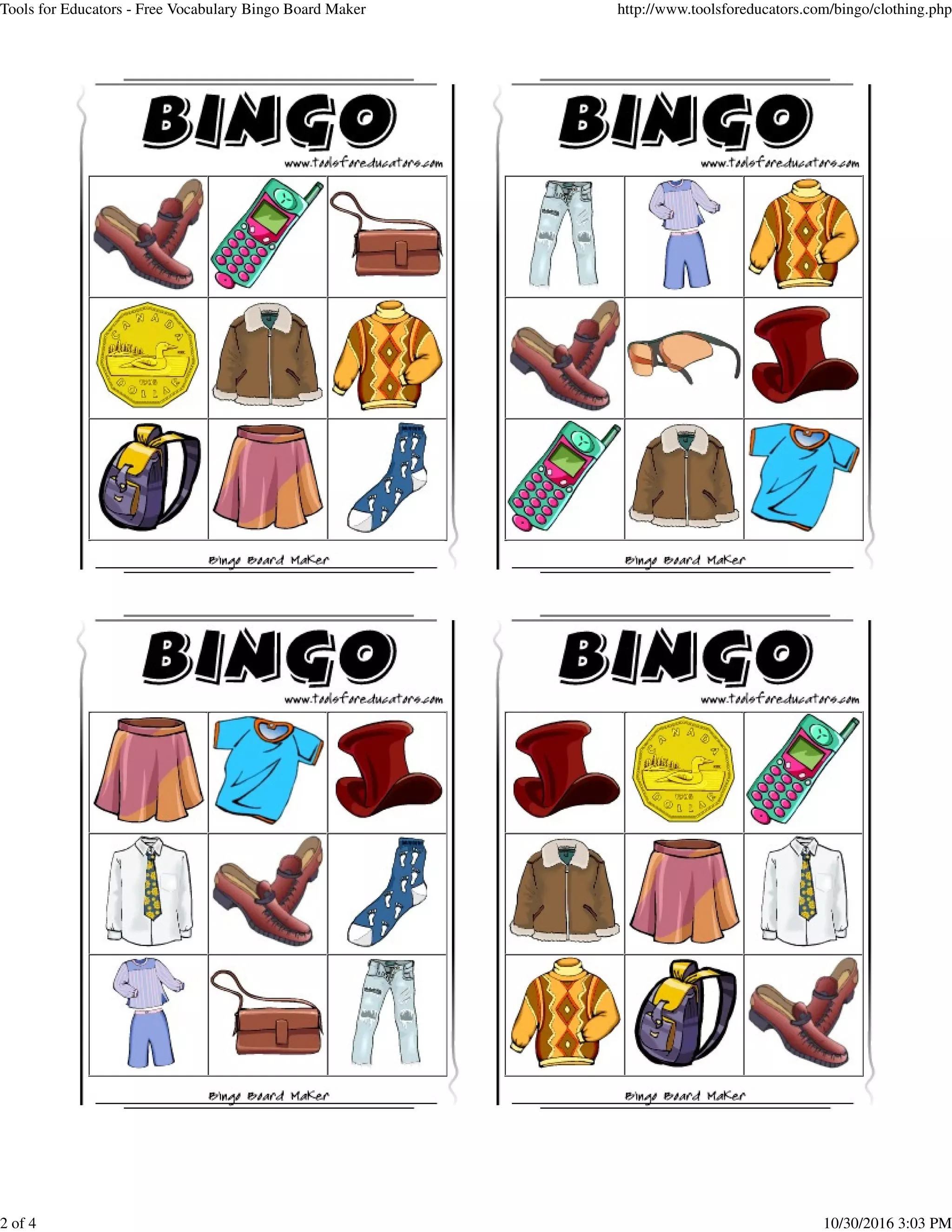Clothing vocabulary bingo board | PDF