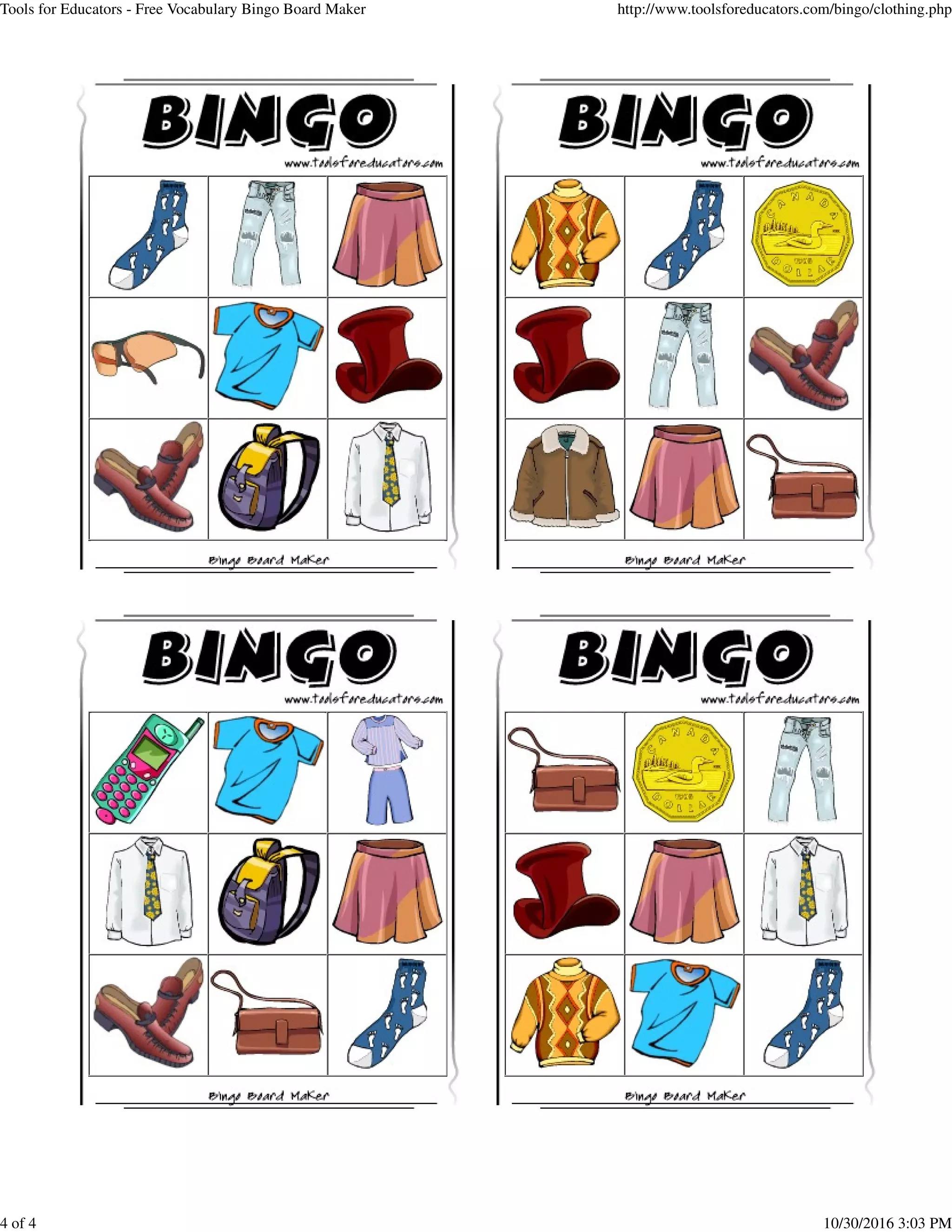 Clothing vocabulary bingo board | PDF