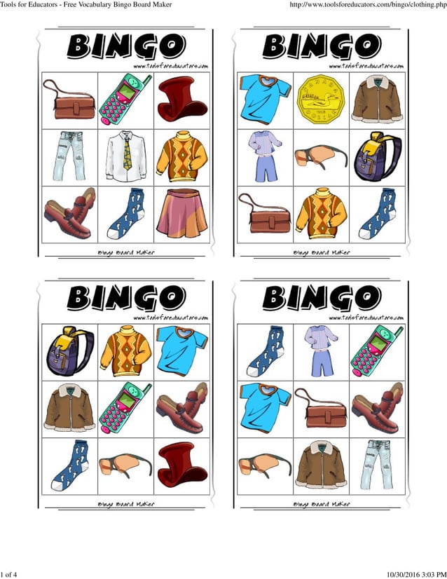 Clothing vocabulary bingo board | PDF