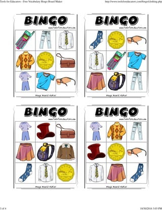 Clothing vocabulary bingo board | PDF