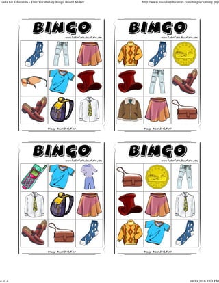 Clothing vocabulary bingo board | PDF