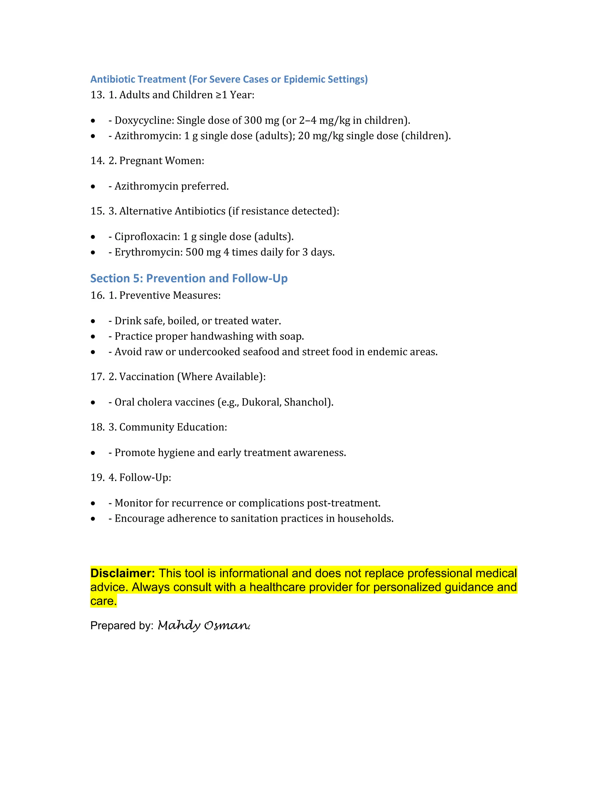 Tool to Diagnose Cholera and Suggest Treatment Section 1: Symptoms ... Tool to Diagnose Cholera and Suggest Treatment Section 1: Symptoms ...