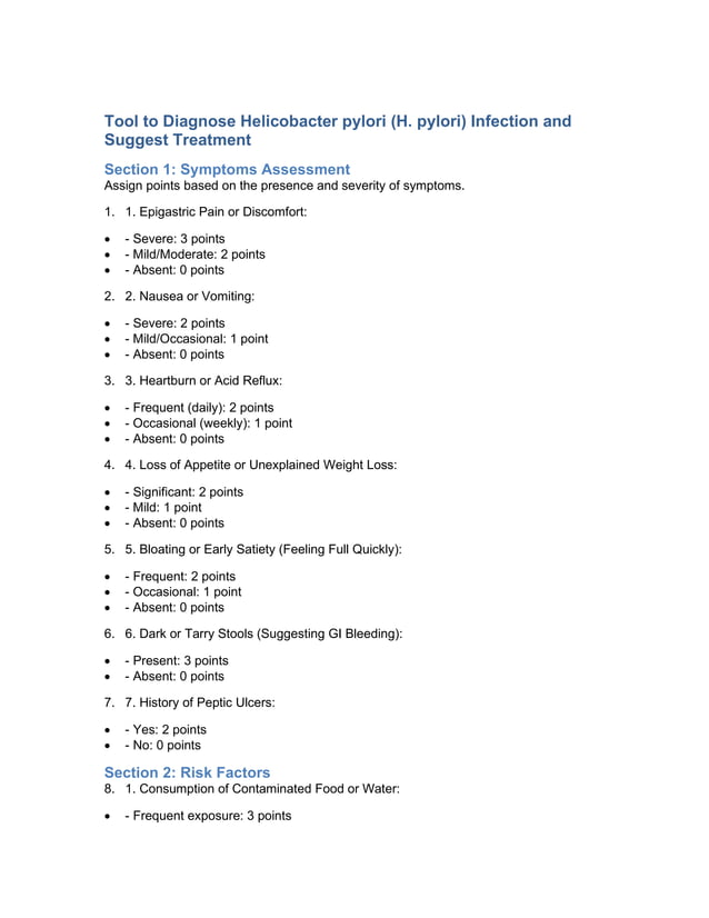 Tool to Diagnose Helicobacter pylori (H. pylori) Infection and Suggest ...