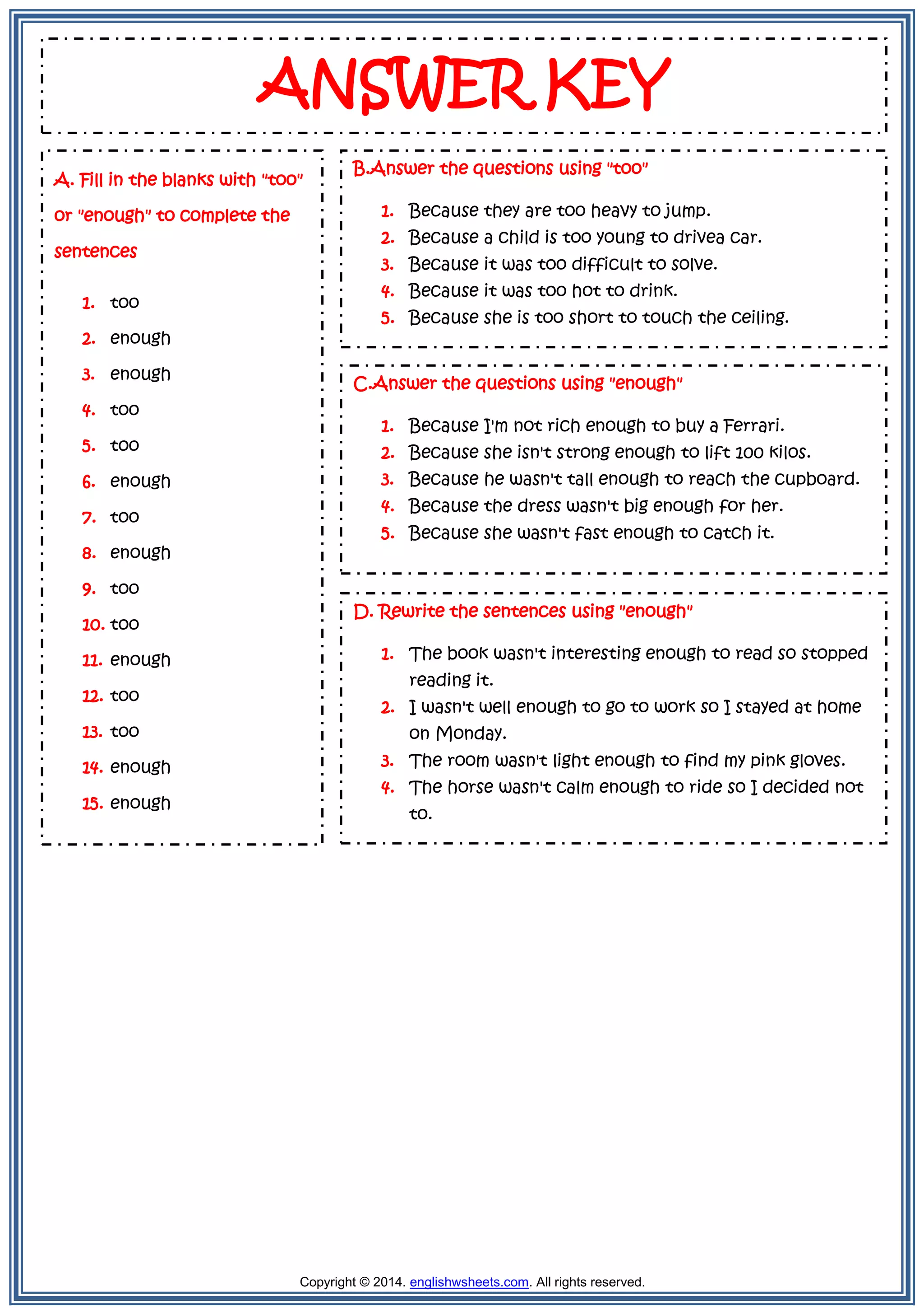 Too or enough esl grammar exercises worksheet (1) | PDF