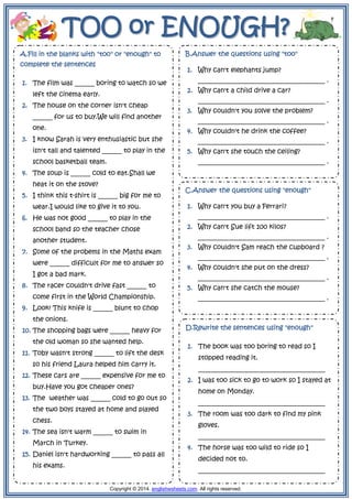 Too or enough esl grammar exercises worksheet (1) | PDF