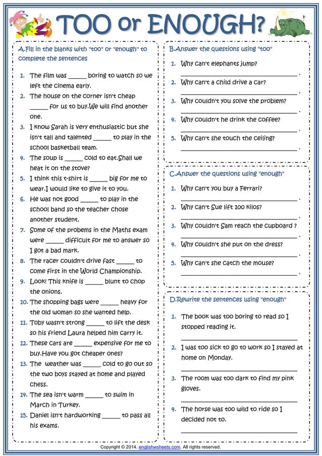 Too or enough esl grammar exercises worksheet (1) | PDF