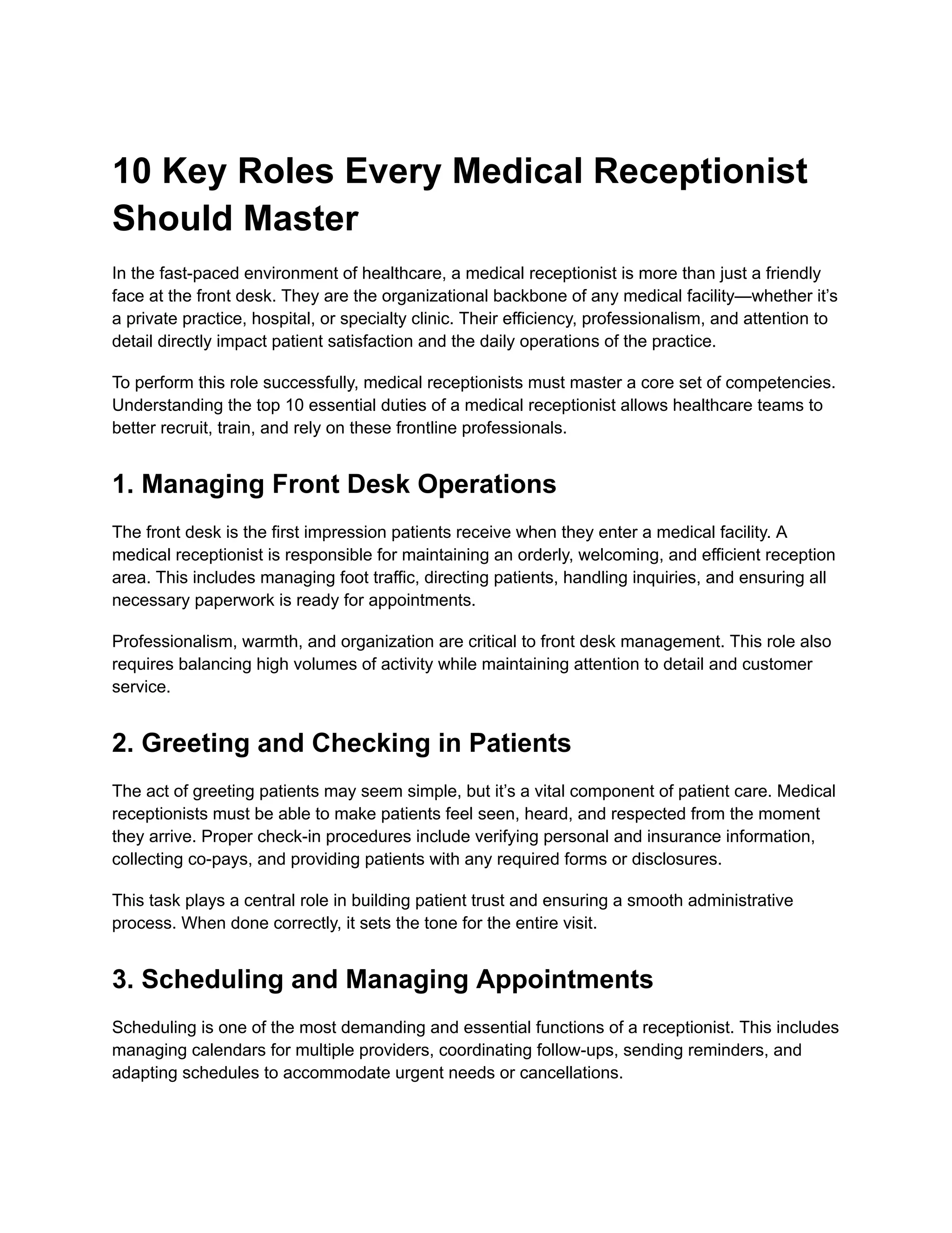 10 Key Roles Every Medical Receptionist Should Master | PDF