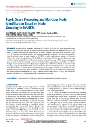 Top k query processing and malicious node identification based on node ...