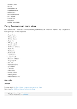 Top 100 cute bank account nicknames ideas cute nicknames | PDF
