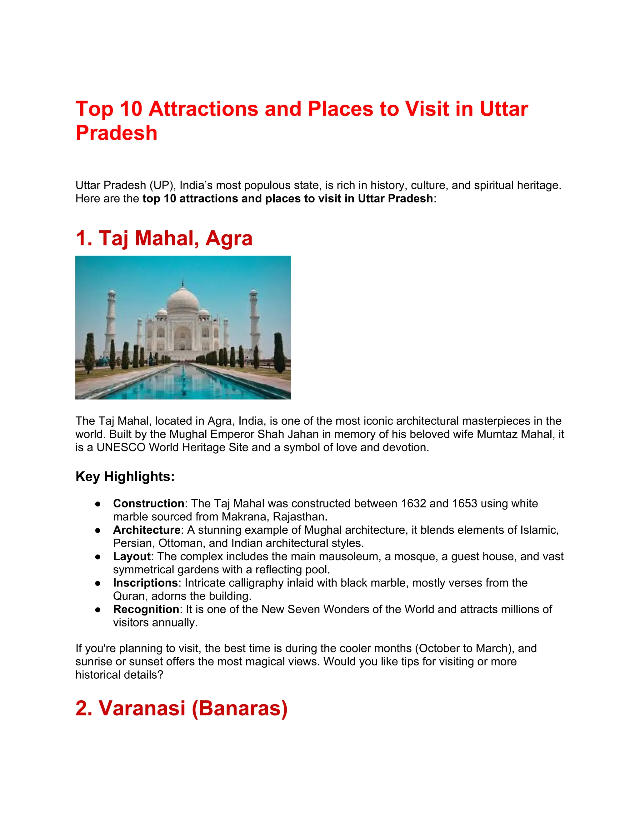 Top 10 Attractions and Places to Visit in Uttar Pradesh | DOCX