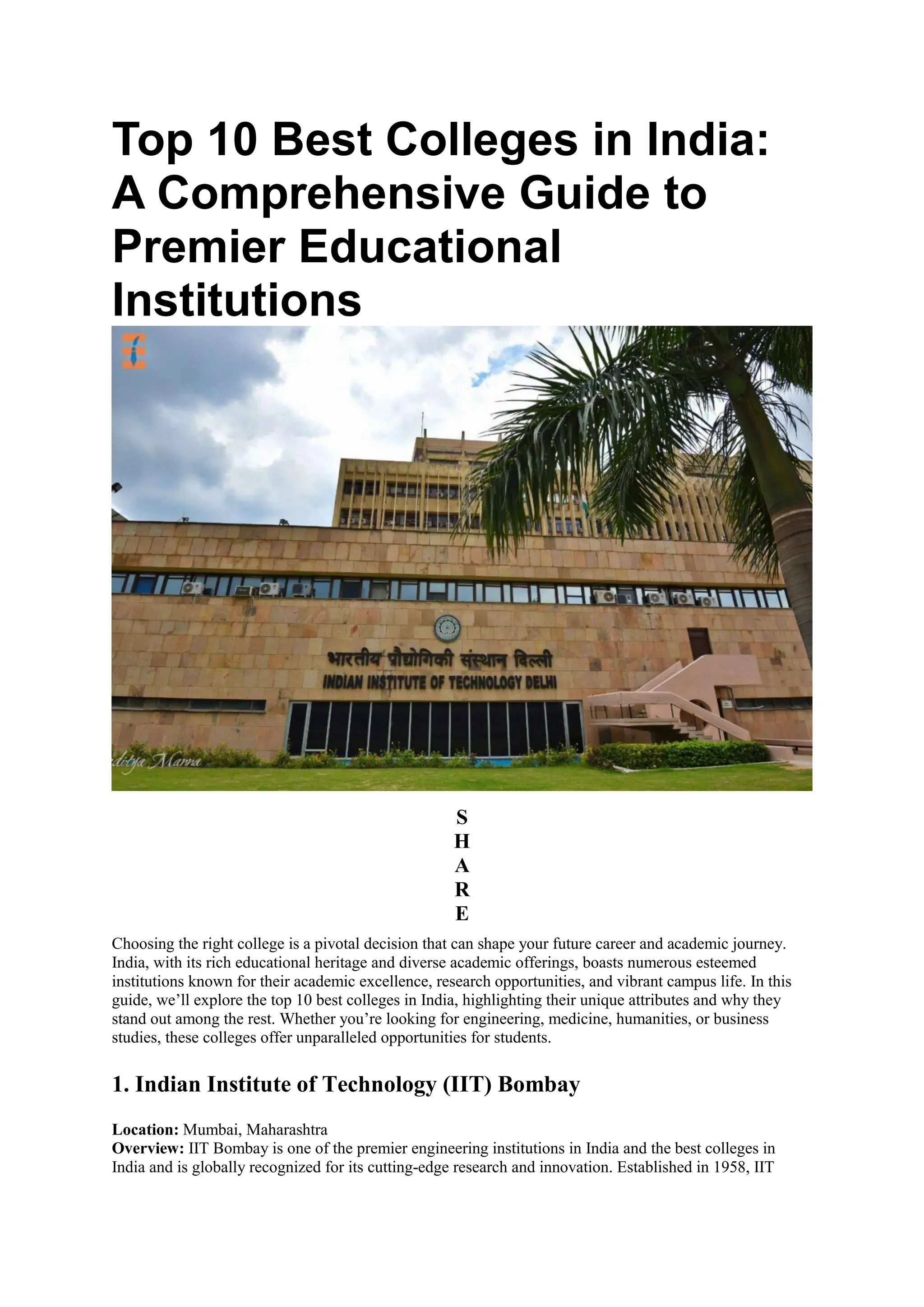 Top 10 Best Colleges in India: A Comprehensive Guide to Premier ...