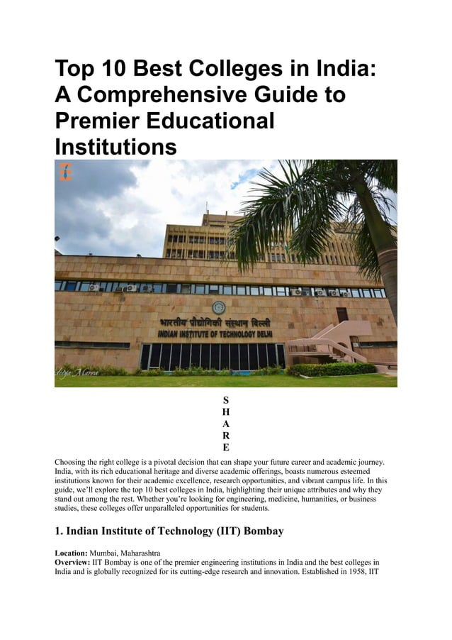 Top 10 Best Colleges in India: A Comprehensive Guide to Premier Educational Institutions | PDF