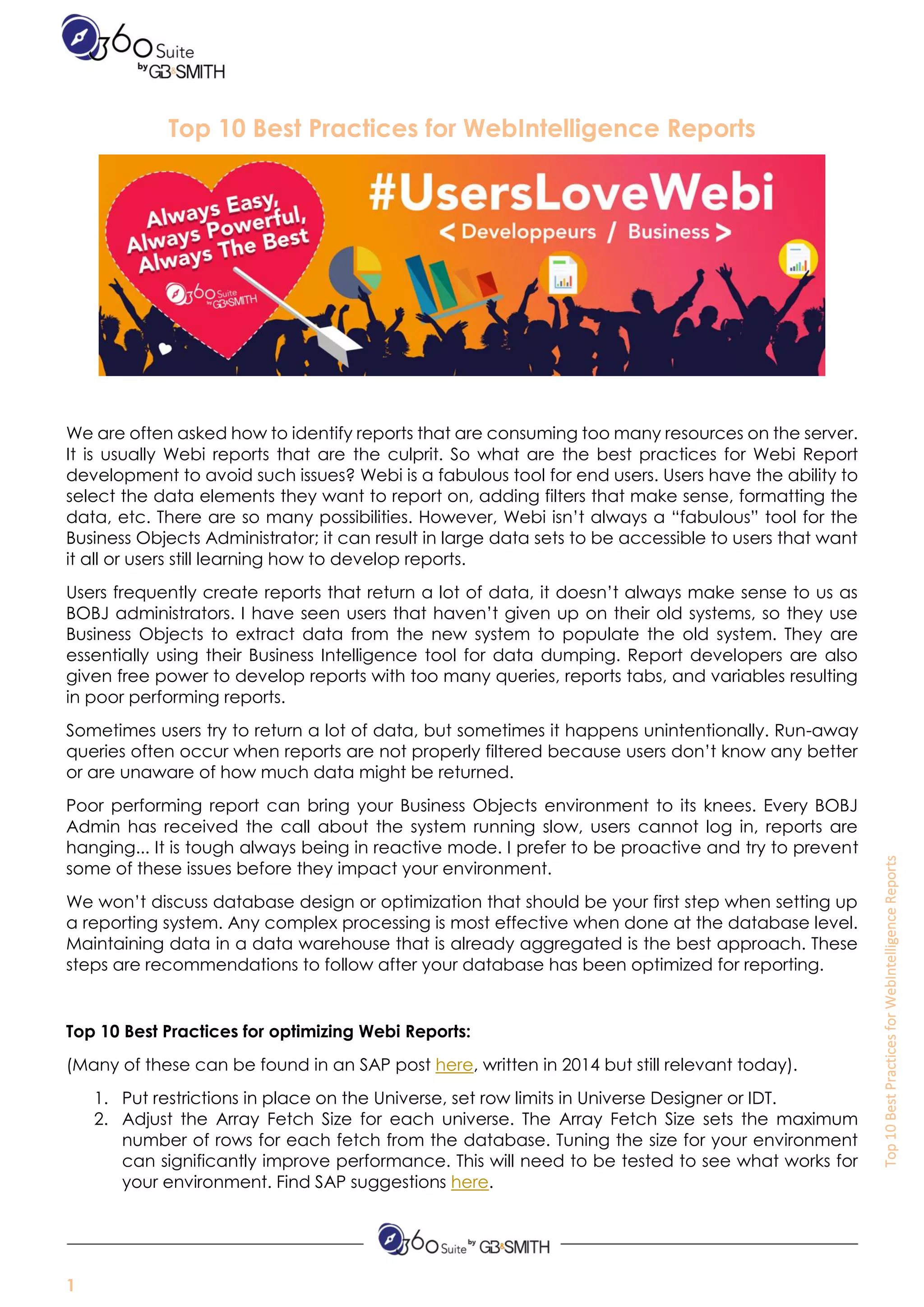 Top 10 best practices for WebIntelligence reports development | PDF | Databases | Computer ...