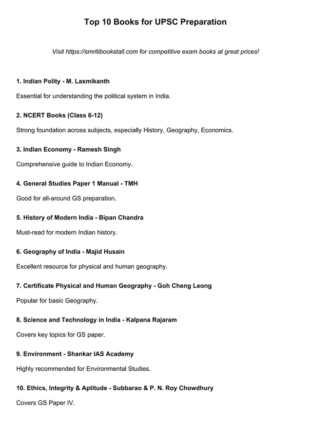 Top 10 Books for UPSC- Smriti Book Stall | PDF
