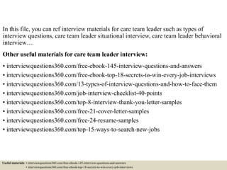 Top 10 care team leader interview questions and answers | PPTX