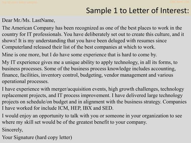 Top 10 cibc bank usa cover letter samples | PPT