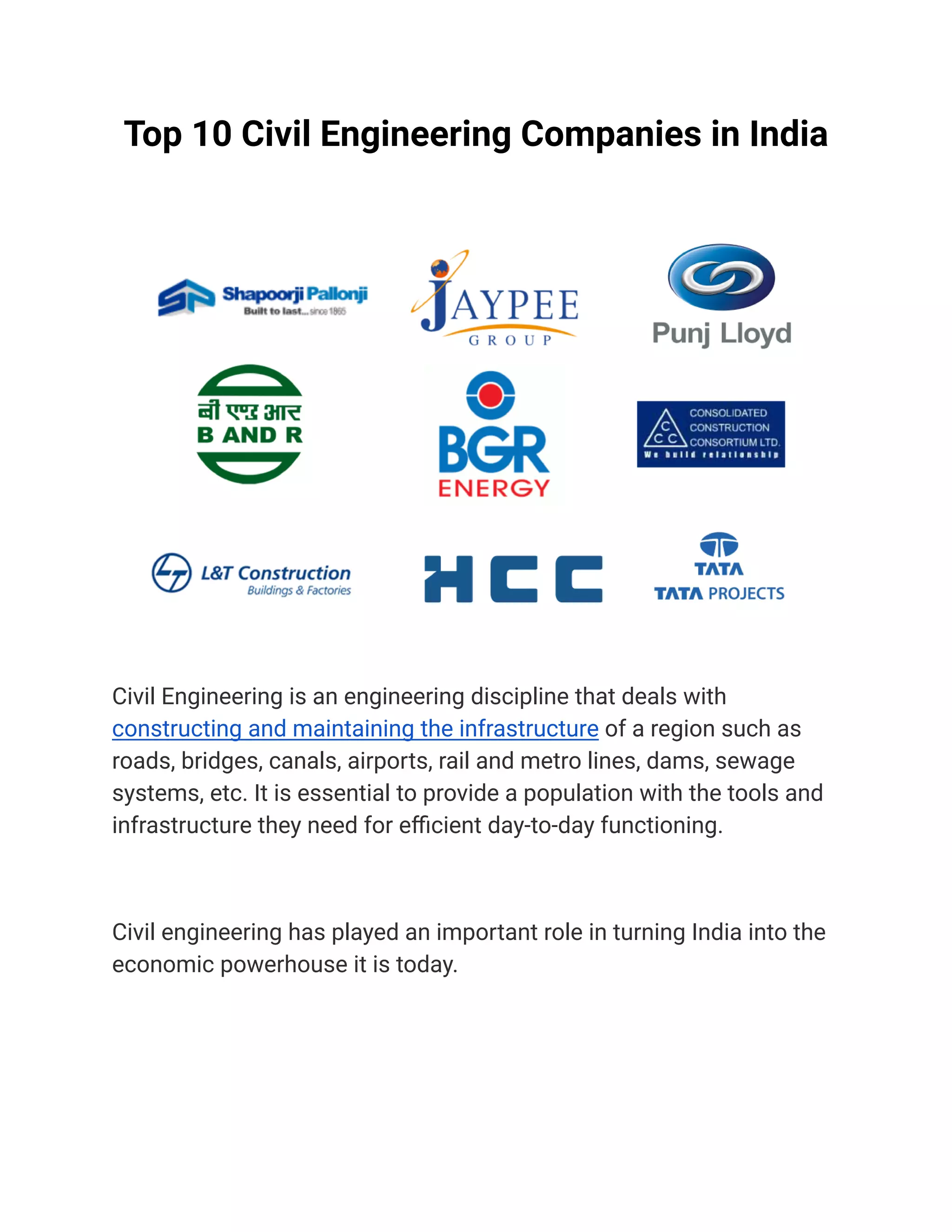 Top 10 Civil Engineering Companies in India | PDF
