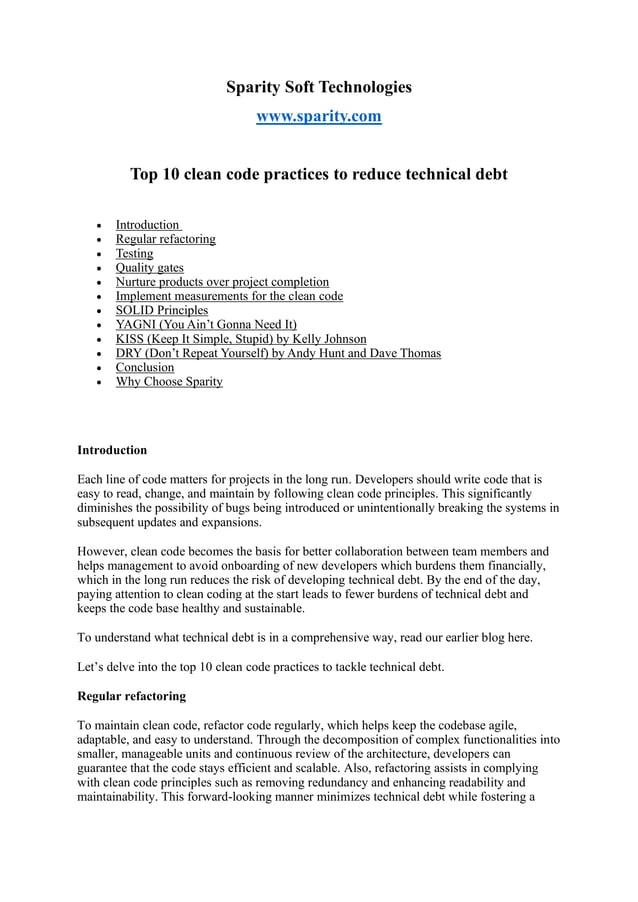 Top 10 clean code practices to reduce technical debt | PDF