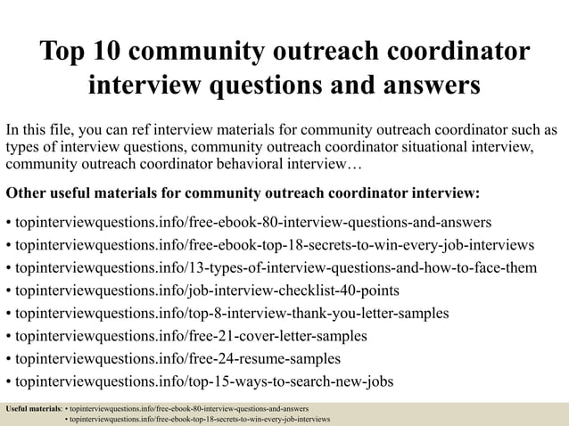 Top 10 community outreach coordinator interview questions and answers | PPT