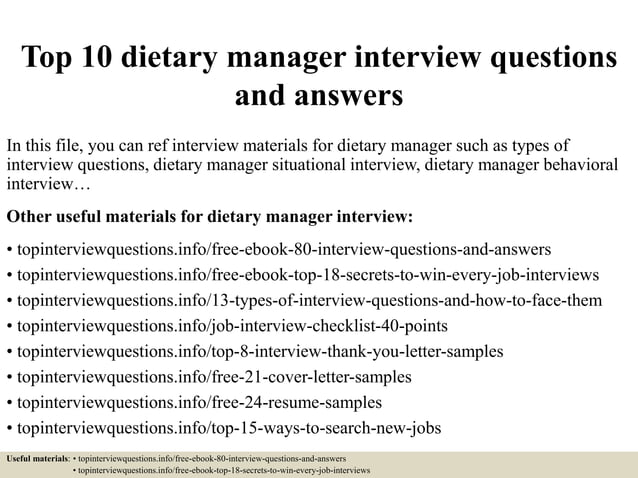 Top 10 dietary manager interview questions and answers | PPT