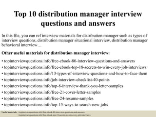 Top 10 distribution manager interview questions and answers | PPT
