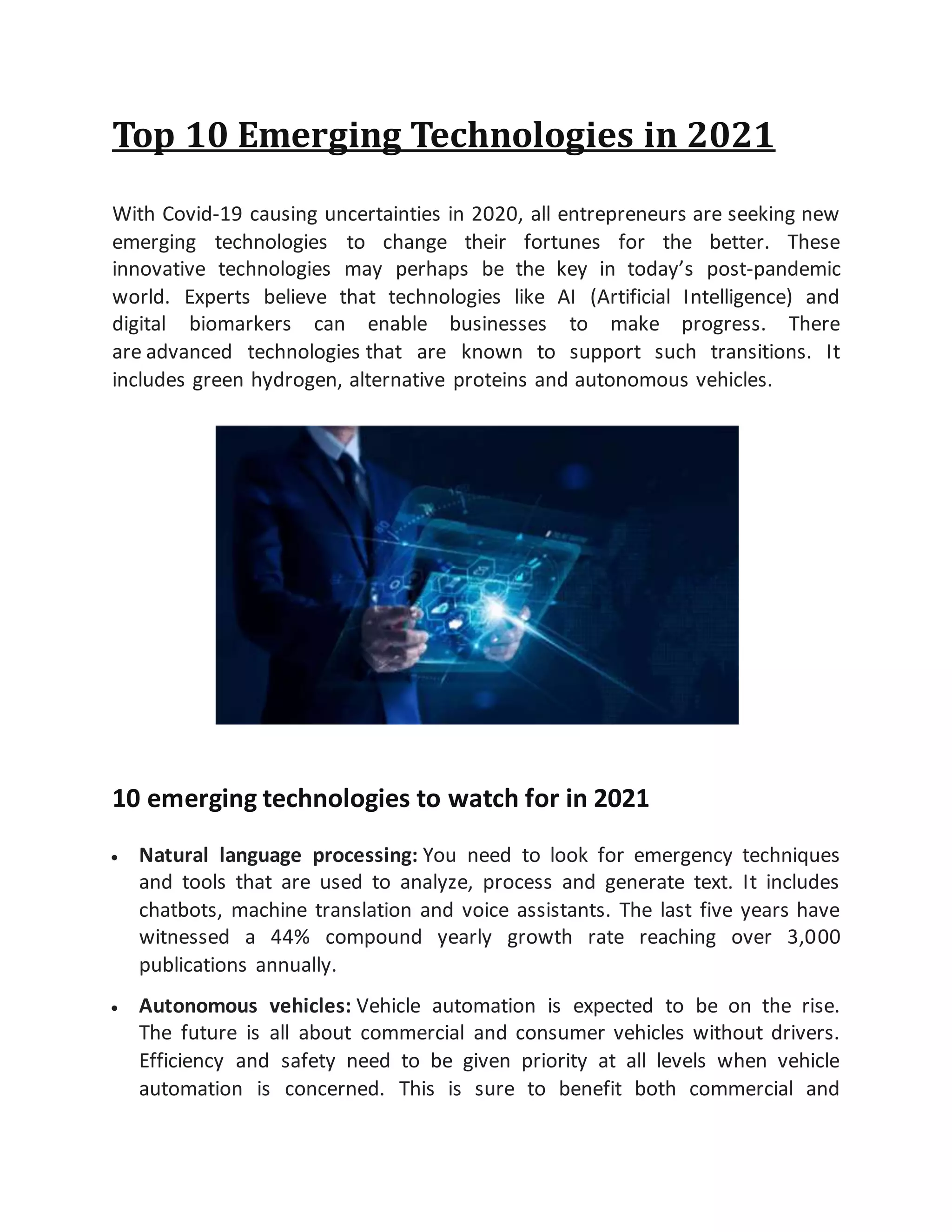 Top 10 Emerging Technologies In 2021 Docx Technology Industry