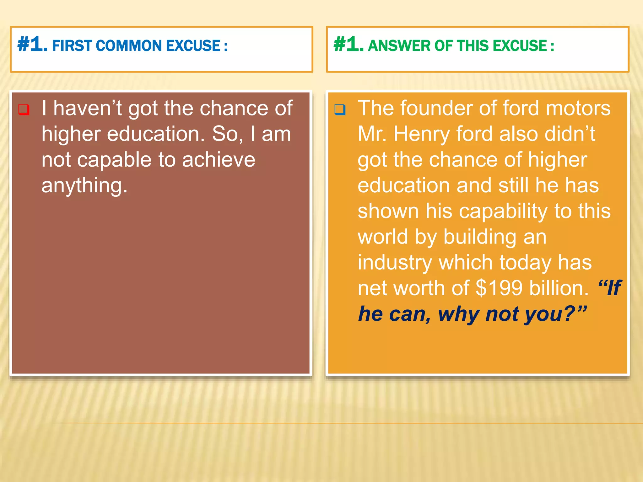 Top 10 Successes based on Common Excuses | PPTX