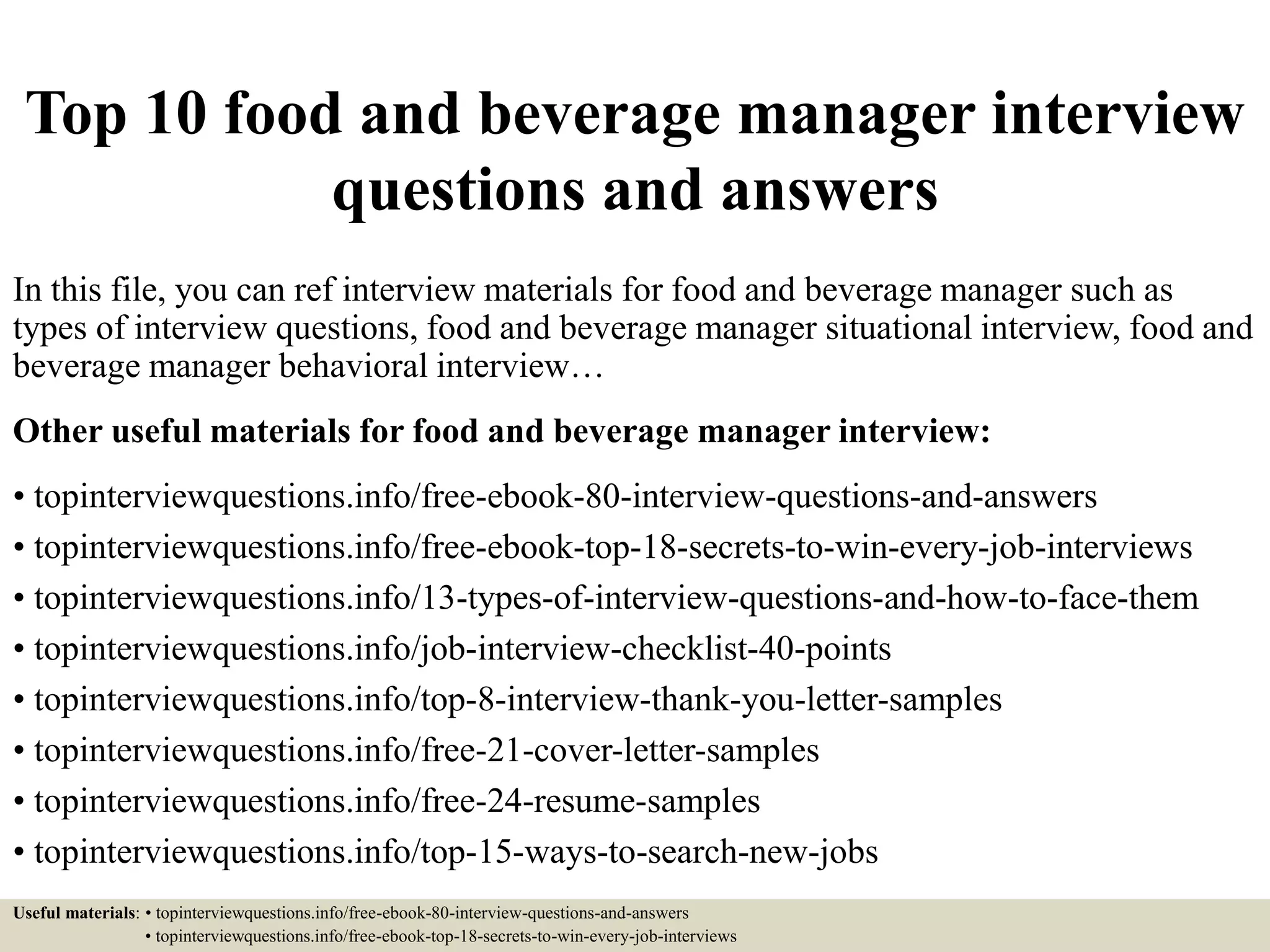 Top 10 food and beverage manager interview questions and answers | PPTX