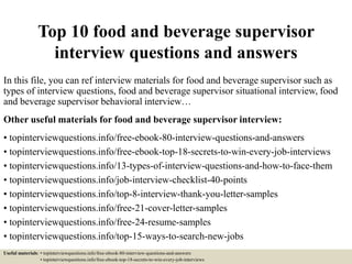 Top 10 food and beverage supervisor interview questions and answers | PPTX