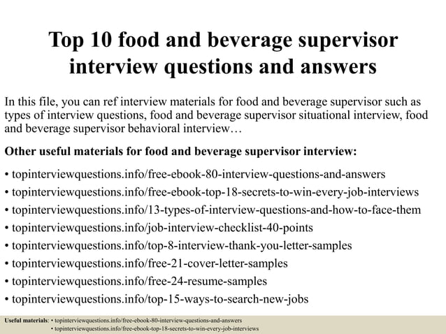 Top 10 food and beverage supervisor interview questions and answers | PPTX | Resume Writing and ...