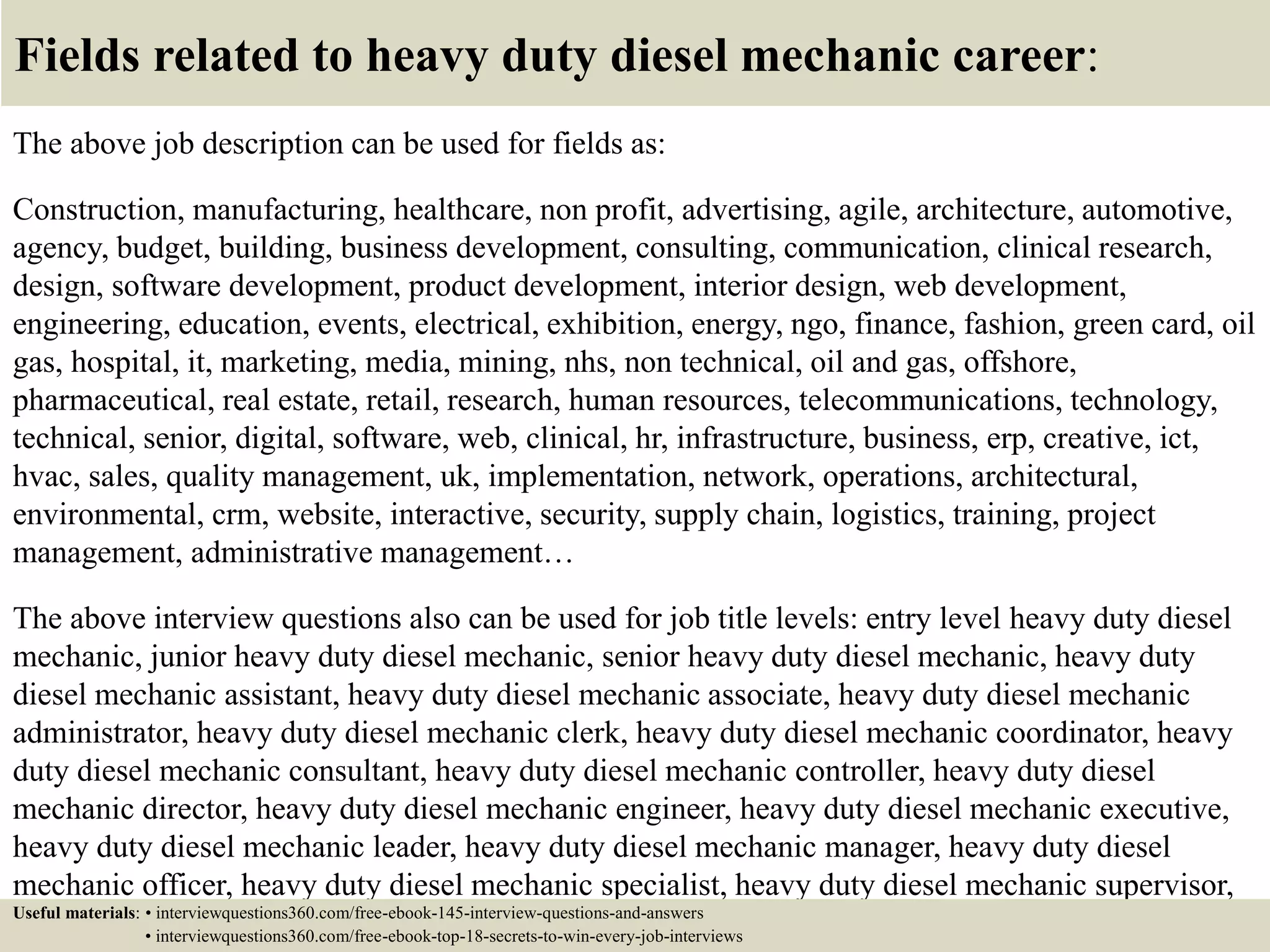 Top 10 heavy duty diesel mechanic interview questions and answers | PPTX