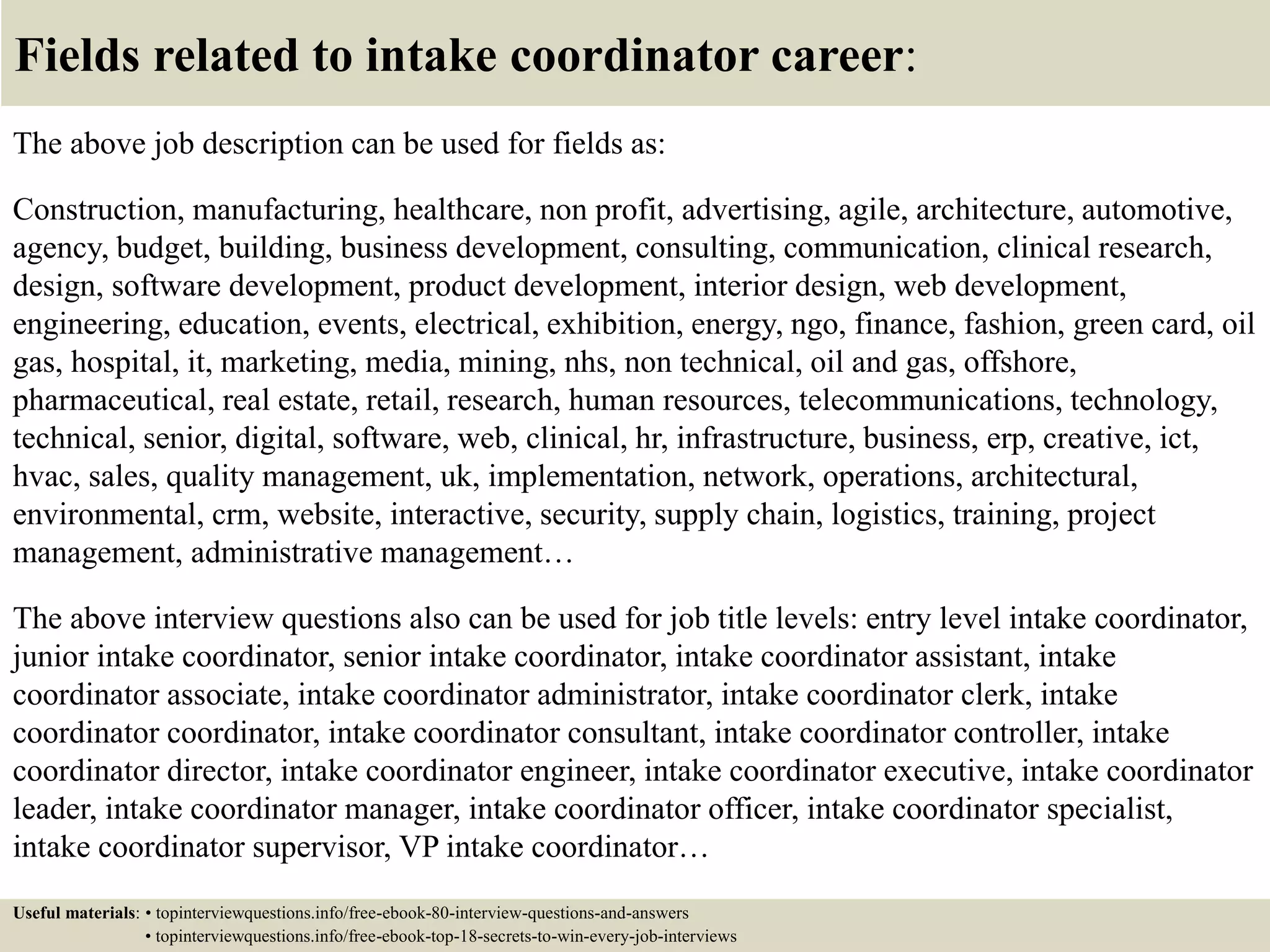 Top 10 intake coordinator interview questions and answers | PPTX
