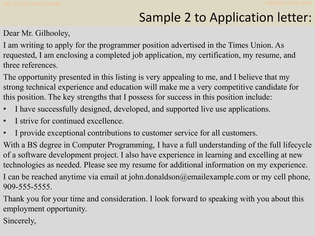 Top 10 jp morgan chase bank cover letter samples | PPTX