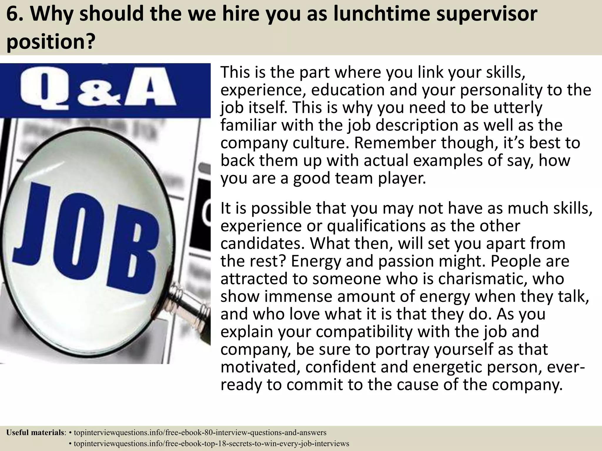 Top 10 lunchtime supervisor interview questions and answers | PPTX