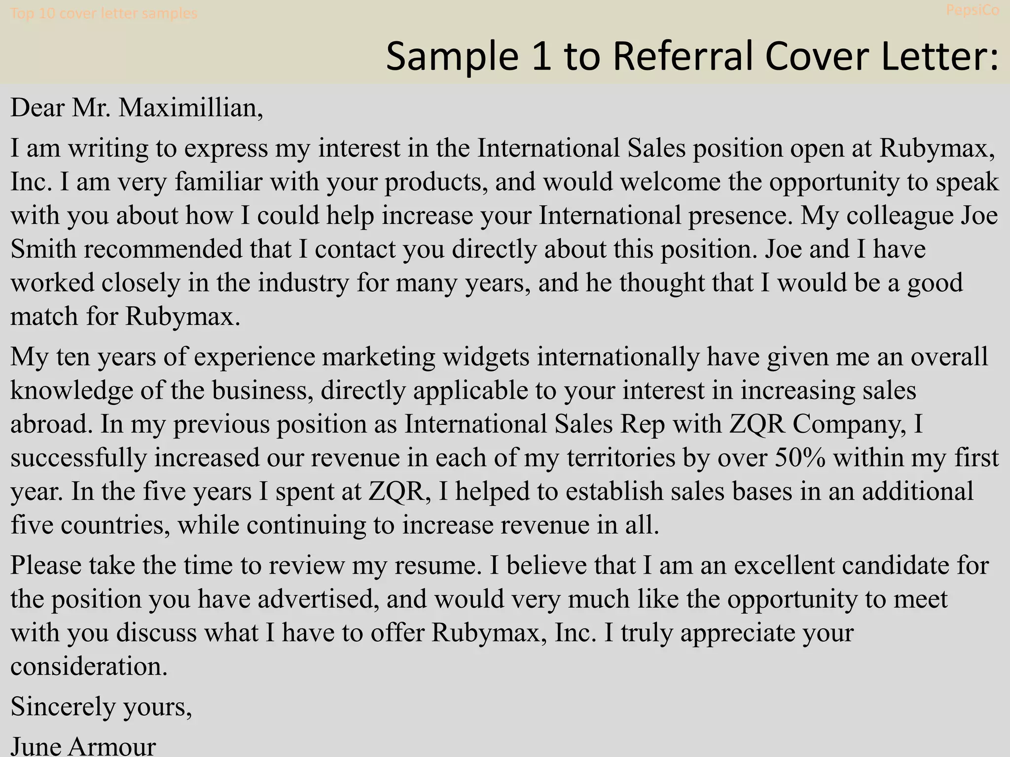 Top 10 pepsi co cover letter samples | PPTX