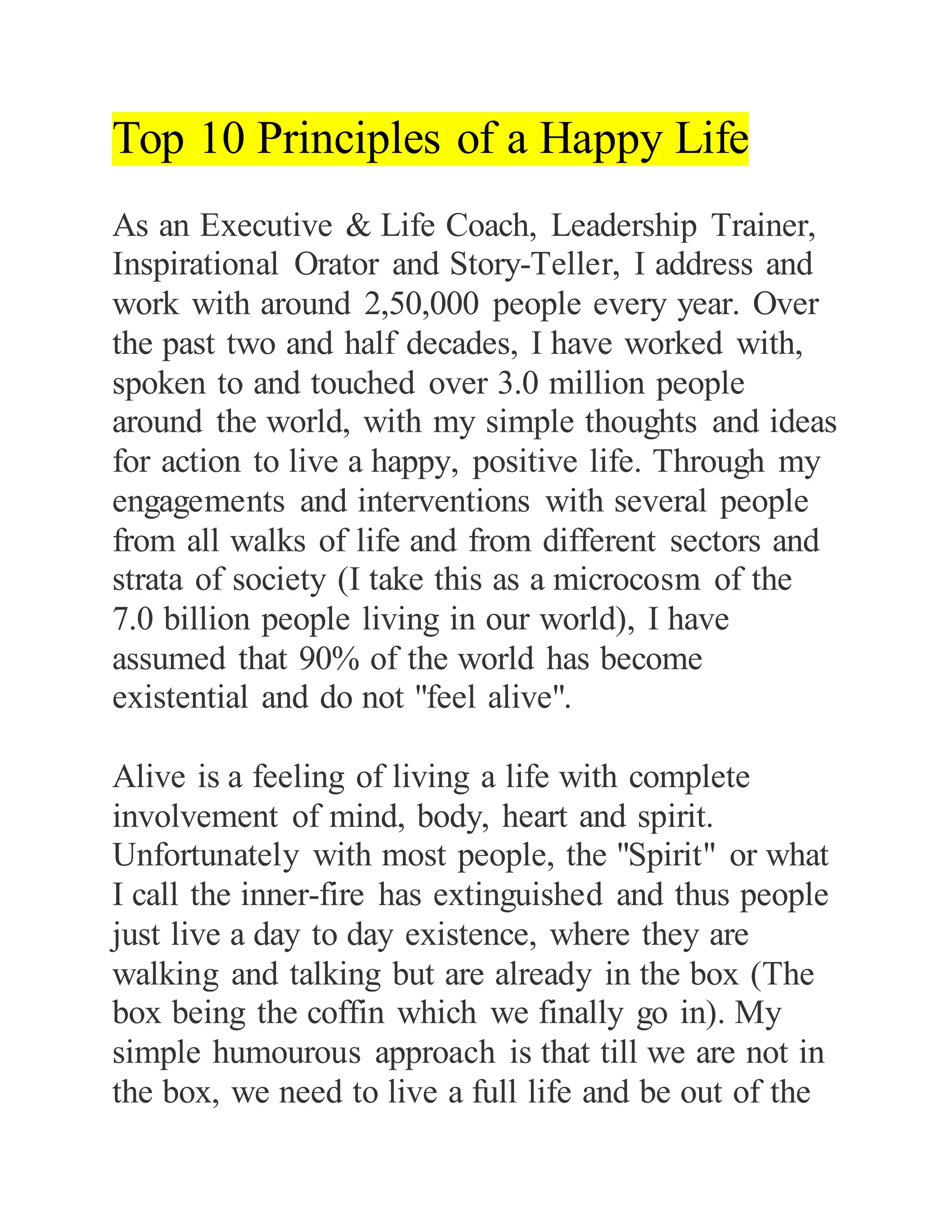 Top 10 principles of a happy life | DOCX