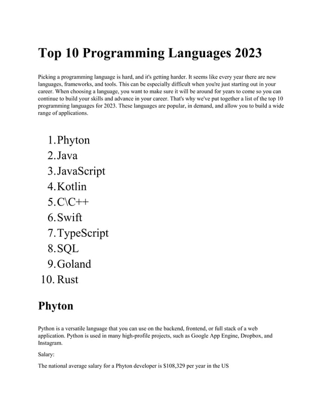 Top 10 Programming Languages 2023.docx | Databases | Computer Software and Applications