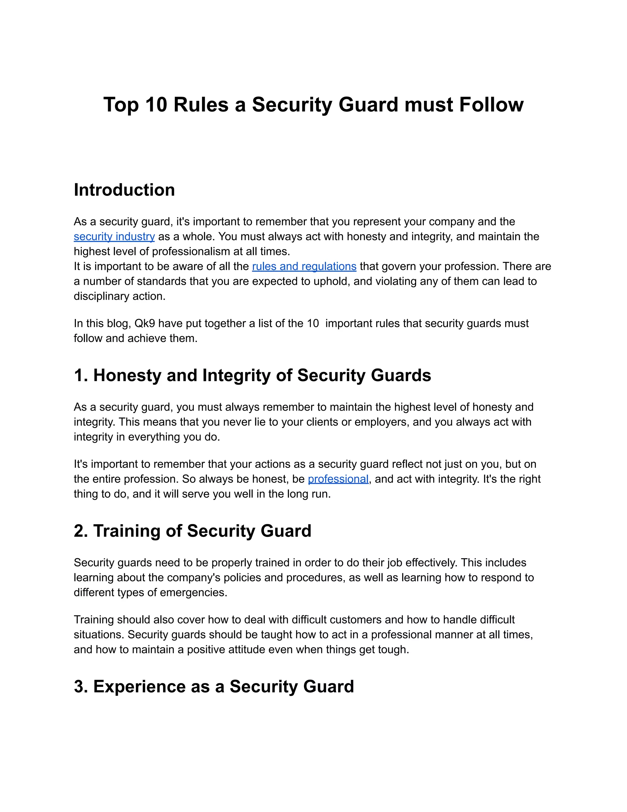 Top 10 Rules a Security Guard must Follow | PDF