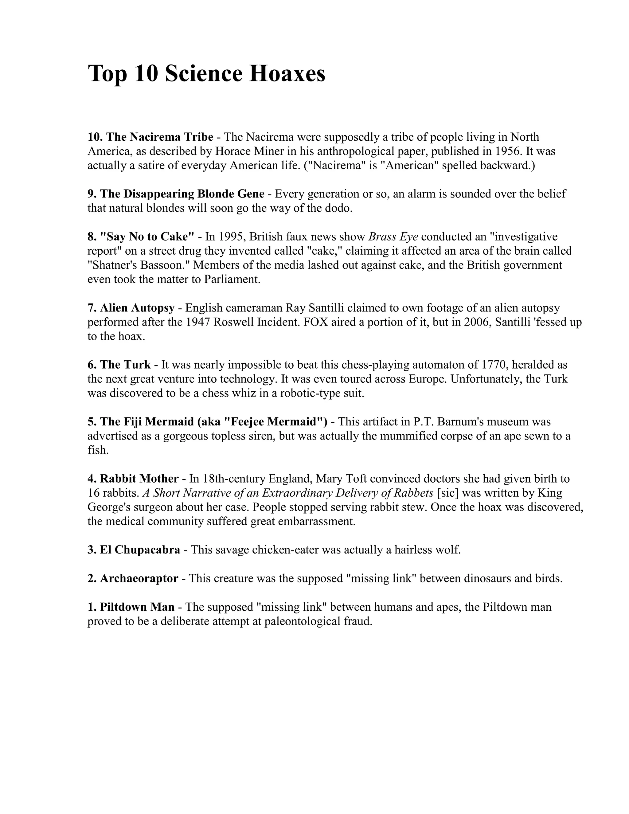Top 10 science hoaxes | DOCX