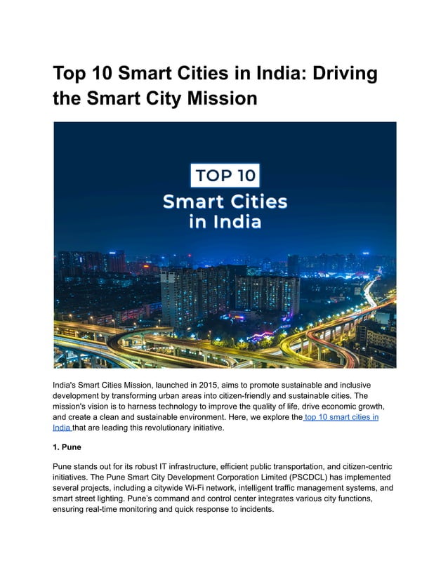 Top 10 Smart Cities in India: Driving the Smart City Mission | PDF
