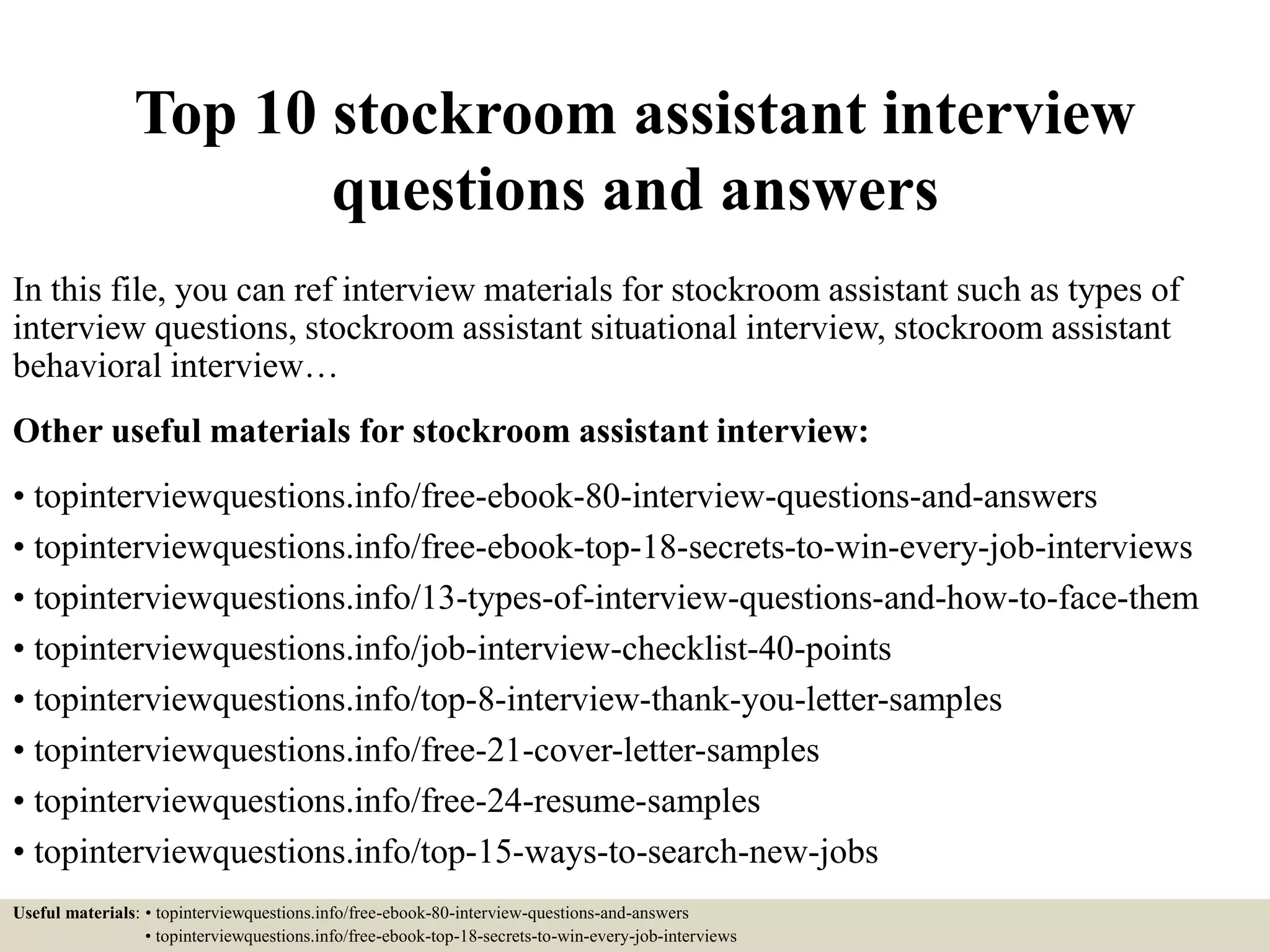 Top 10 stockroom assistant interview questions and answers | PPTX