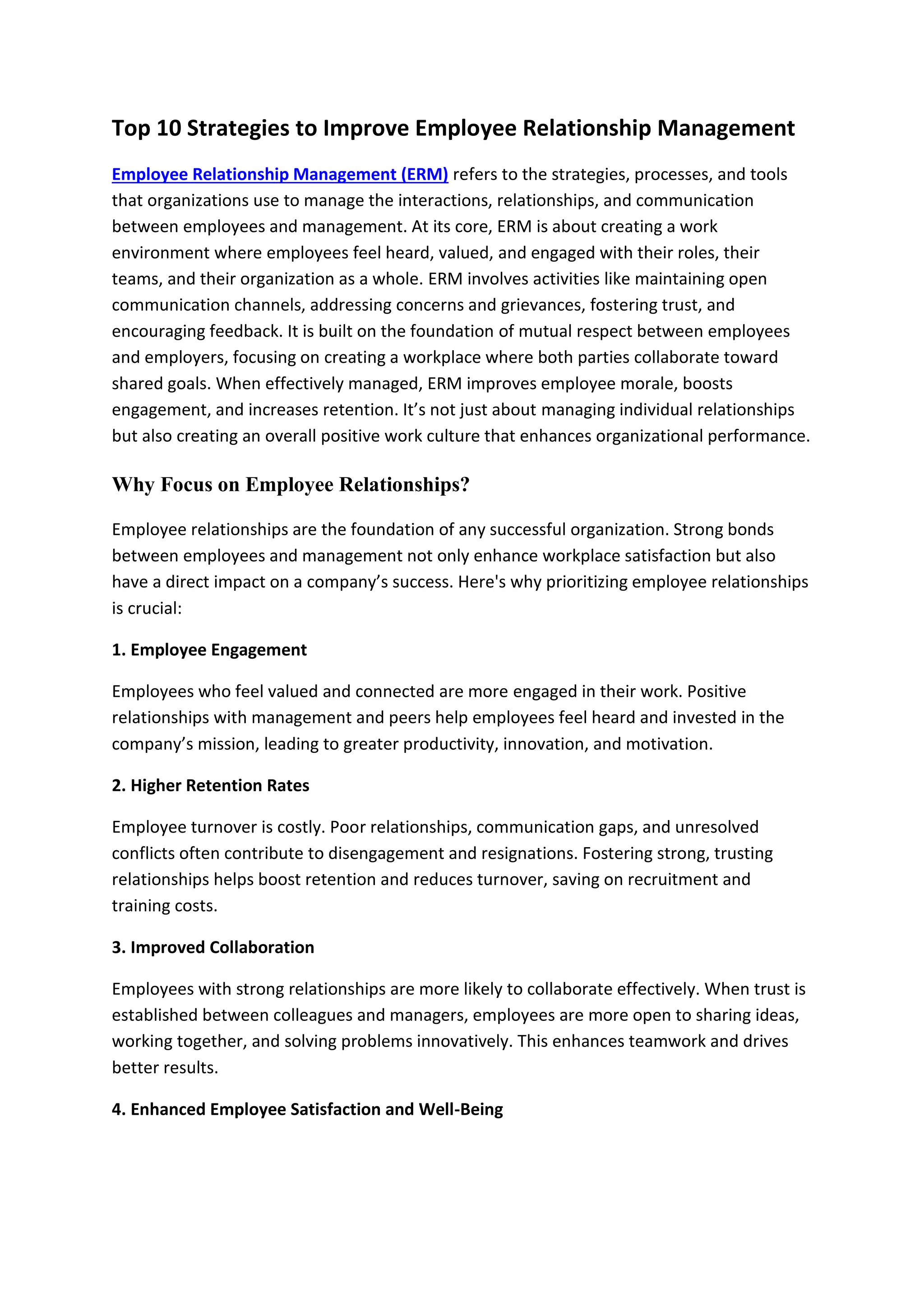 Top 10 Strategies to Improve Employee Relationship Management | PDF