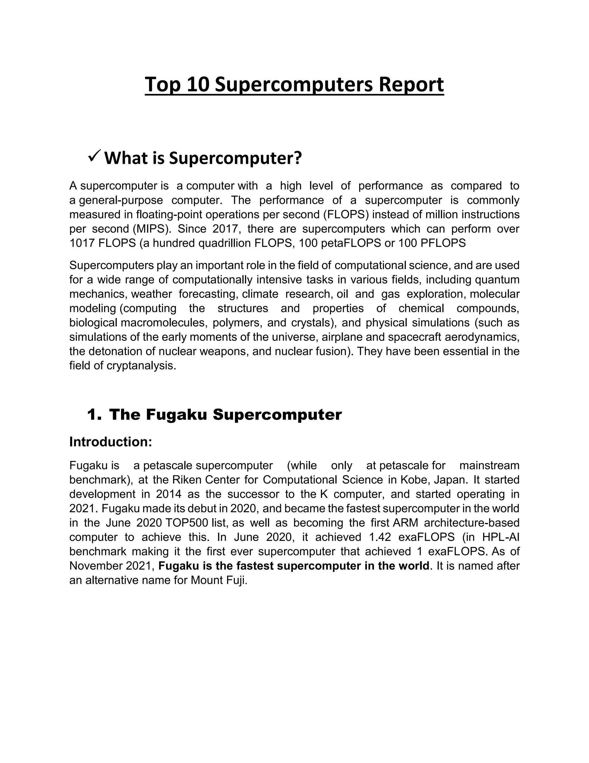 Top 10 Supercomputers With Descriptive Information & Analysis | DOCX