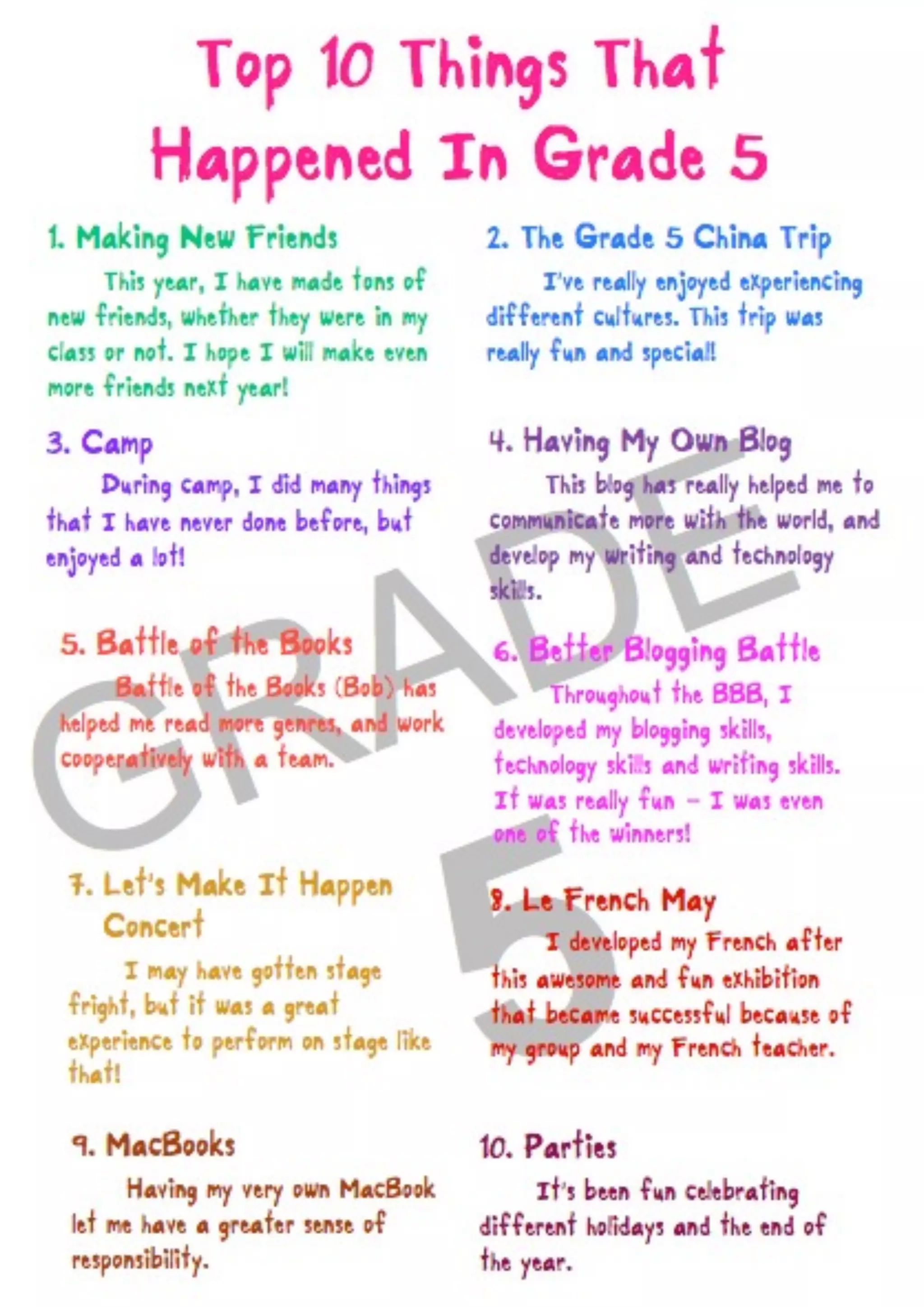 Top 10 things that happened in grade 5 | PAGES