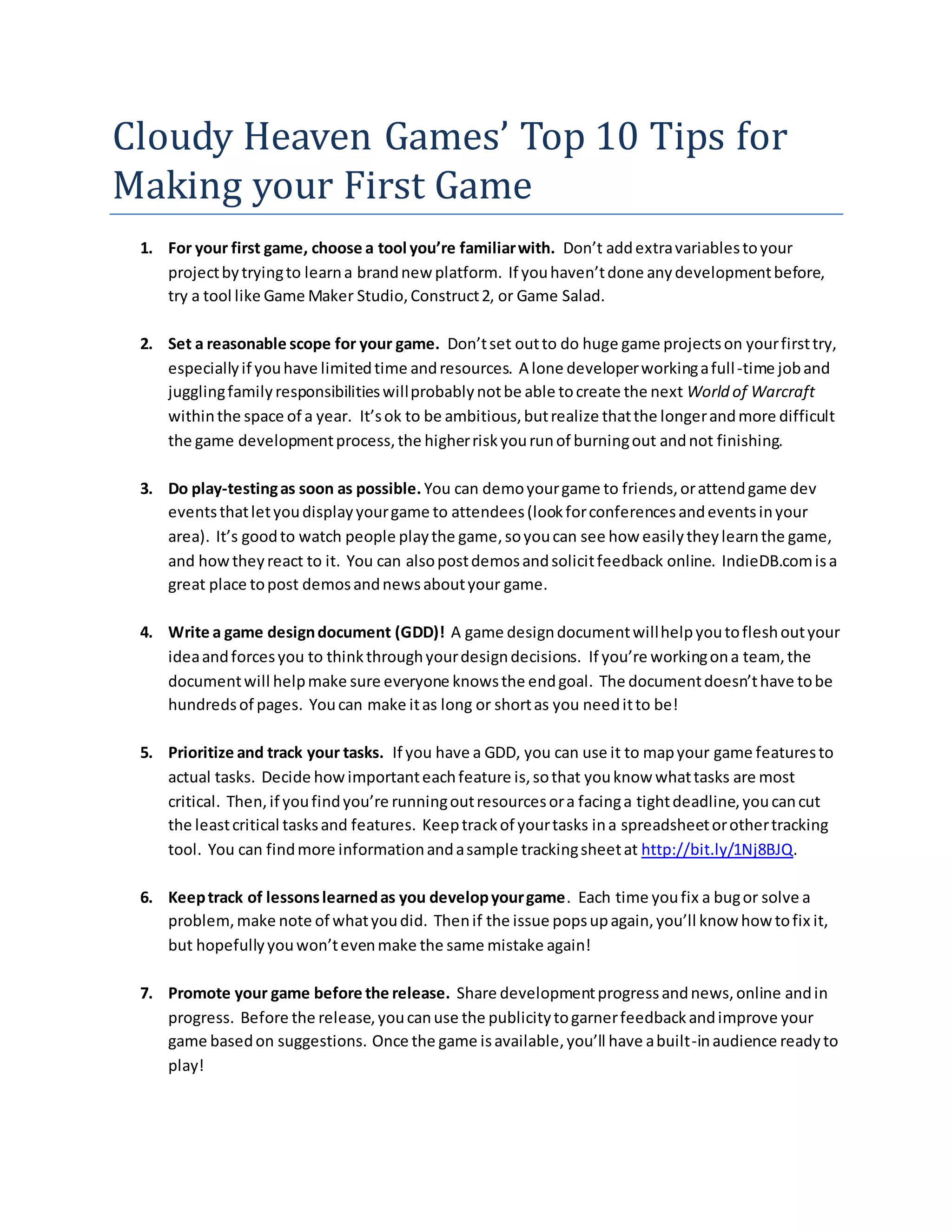 Top 10 tips for first game | DOCX