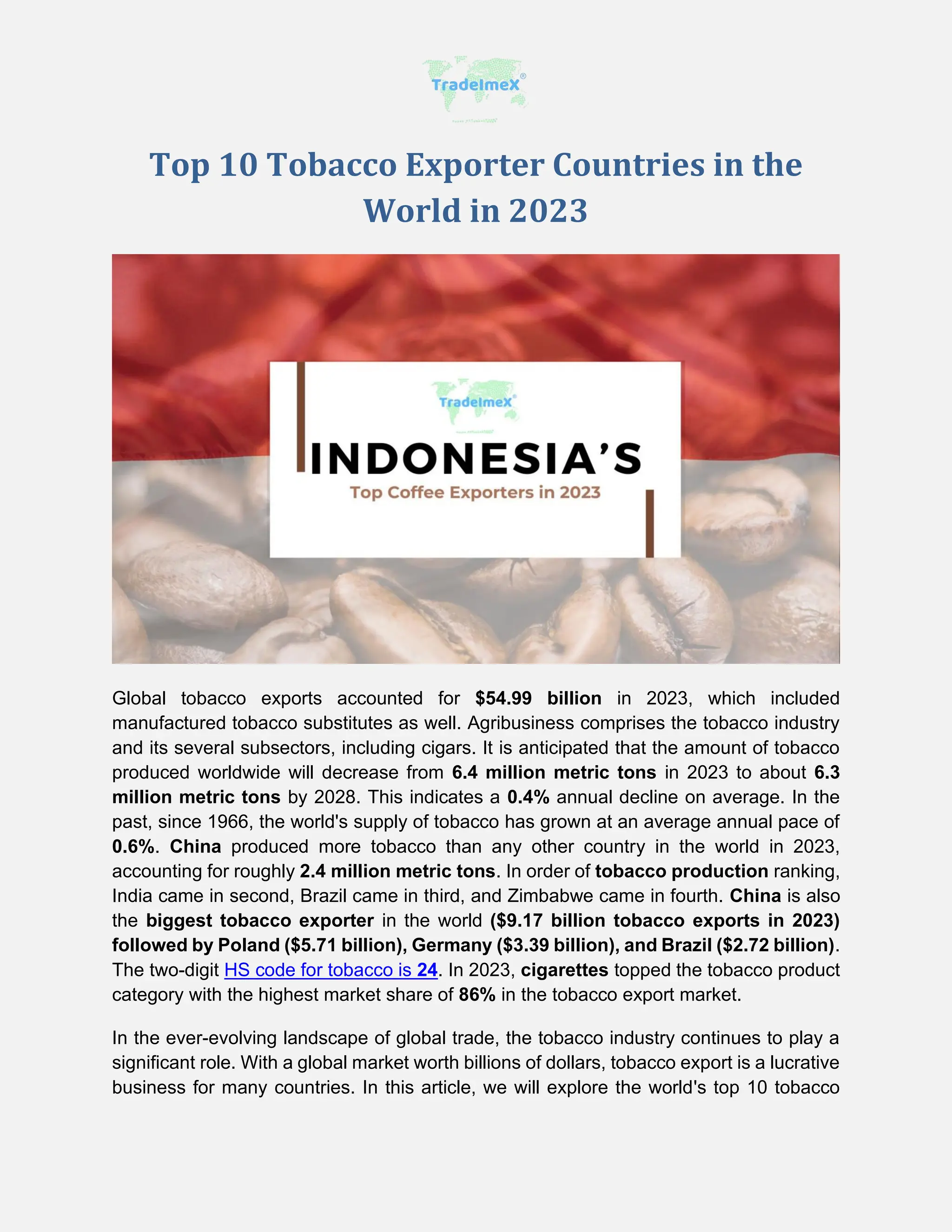 Top 10 Tobacco Exporter Countries in the World in 2023 | PDF