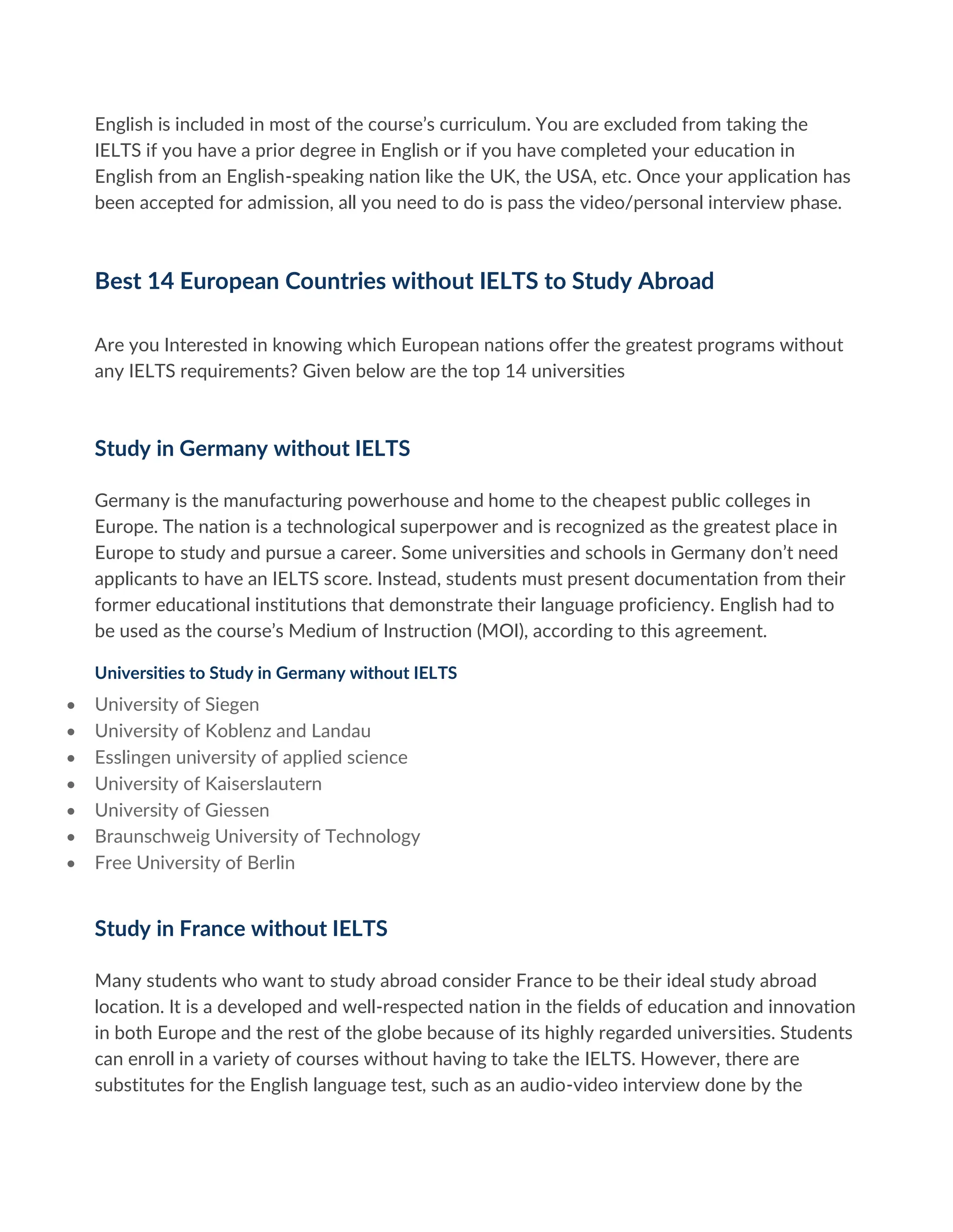 Top 14 European Countries for IELTS Free Study Abroad | PDF | Free Download